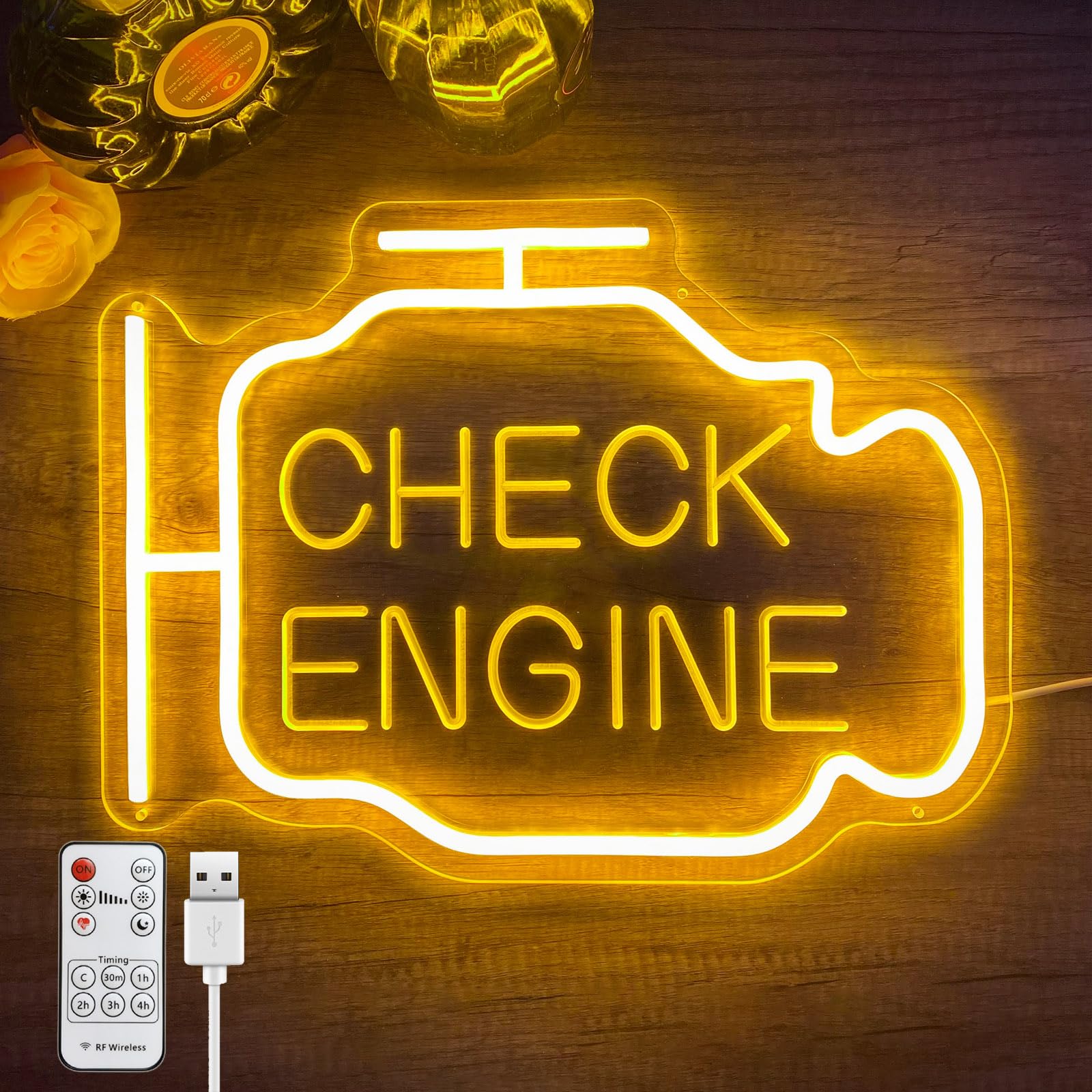 Check Engine Neon Sign with Reomte for Garage Wall Decor, Dimmable LED ...