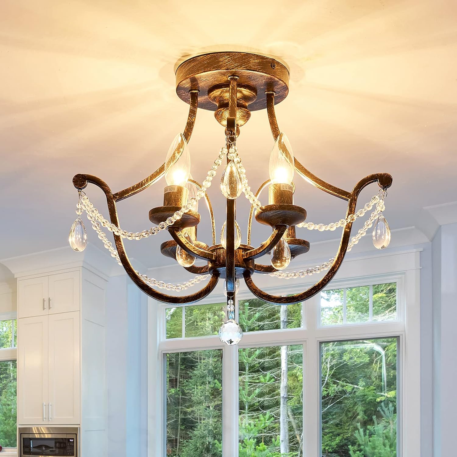 UOFUS Modern Semi Flush Mount Ceiling Light,4-Light Small Crystal ...