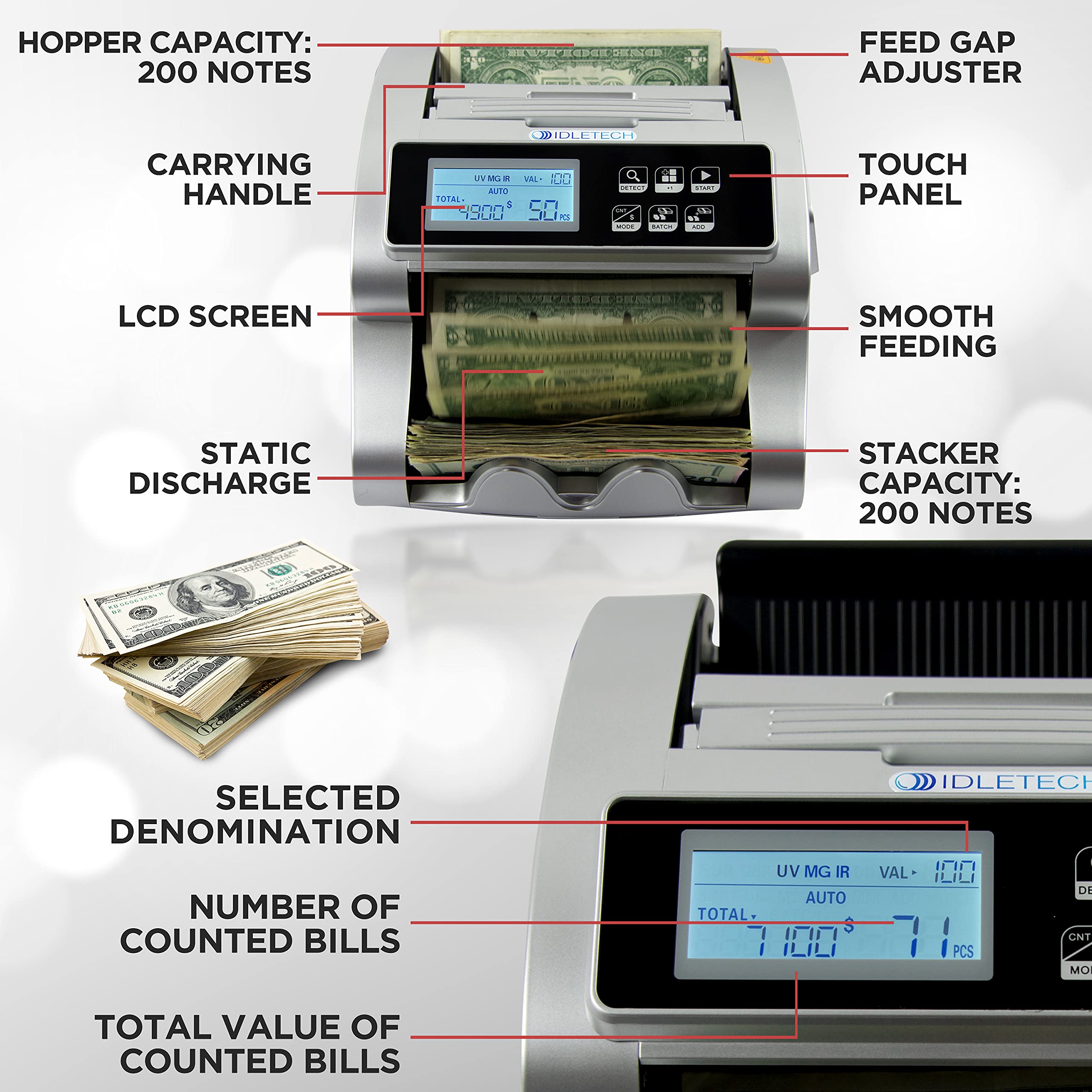 IDLETECH BC-1100 Money Counter Machine with Value Calculation ...