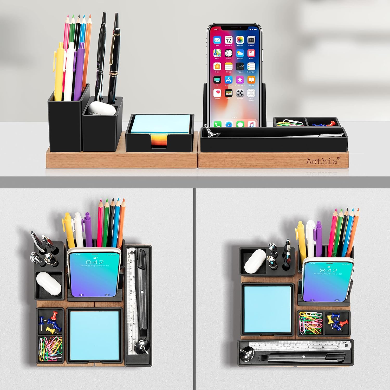 Aothia Wooden Desk Organiser-Adjustable Pencil Holder, Phone Stand ...