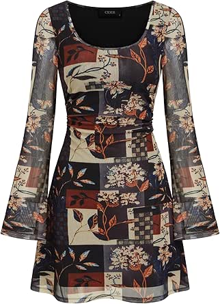 Amazon.com: CIDER Women Floral Mini Mesh Dress Bell Sleeve Boho Dresses ...