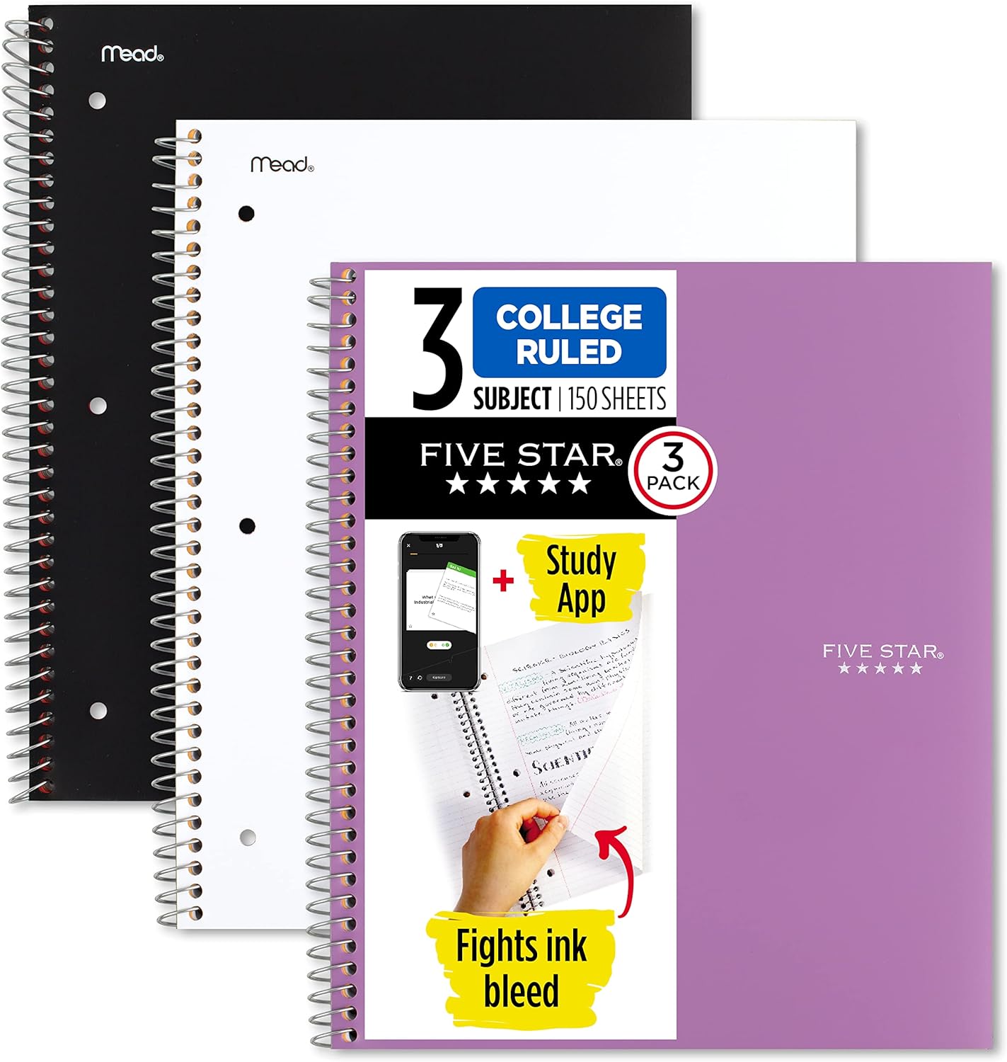Five Star Spiral Notebook + Study App, 3 Pack, 3 Subject, College Ruled ...