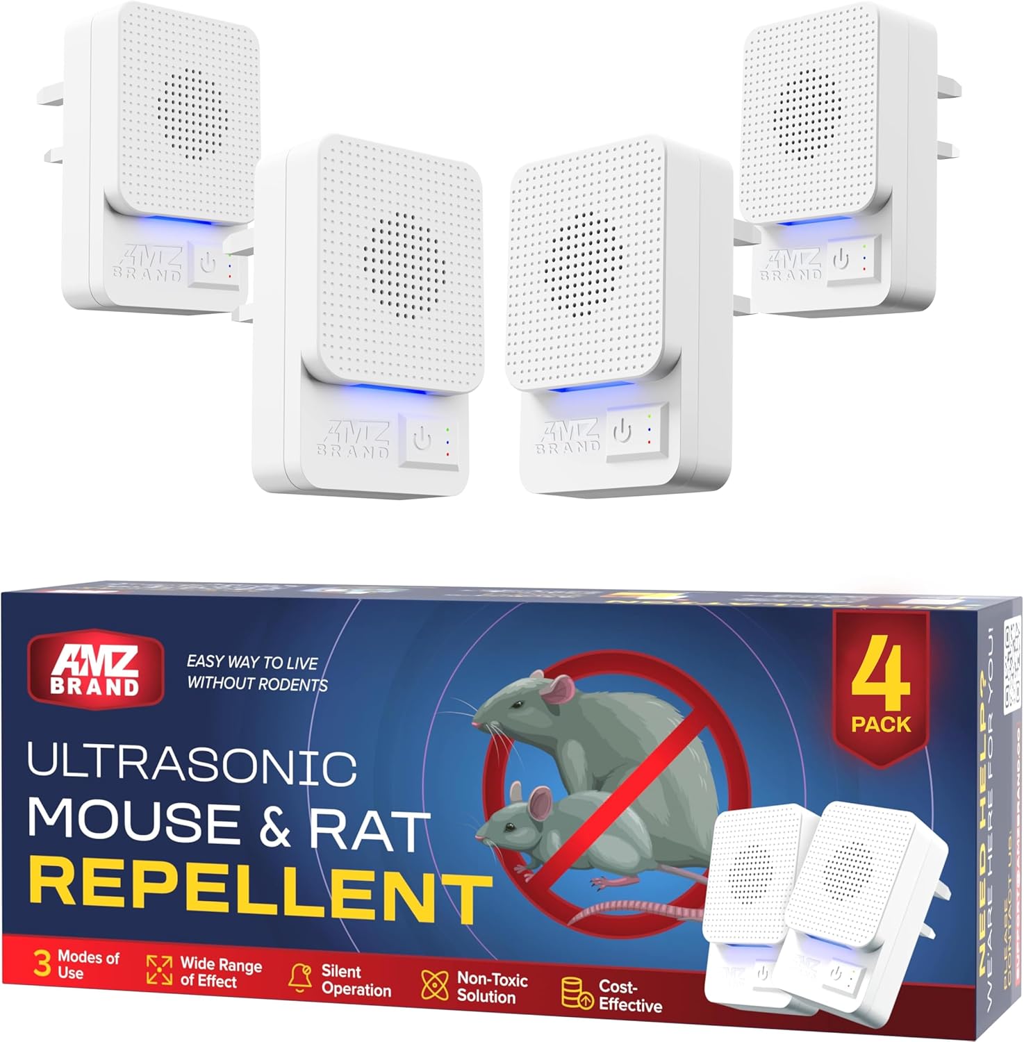 AMZ BRAND Ultrasonic Mouse Repellent 4 Pack - Indoor Rodent Repeller ...
