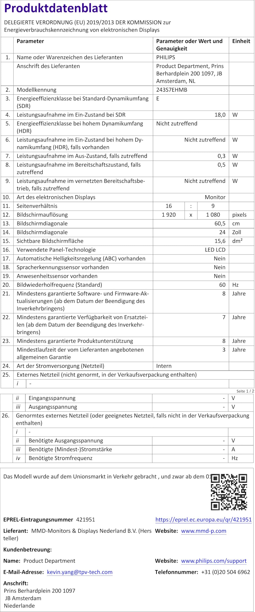 Philips 243V7QJABF - 24 Zoll FHD Monitor schwarz: Amazon.de: Computer ...