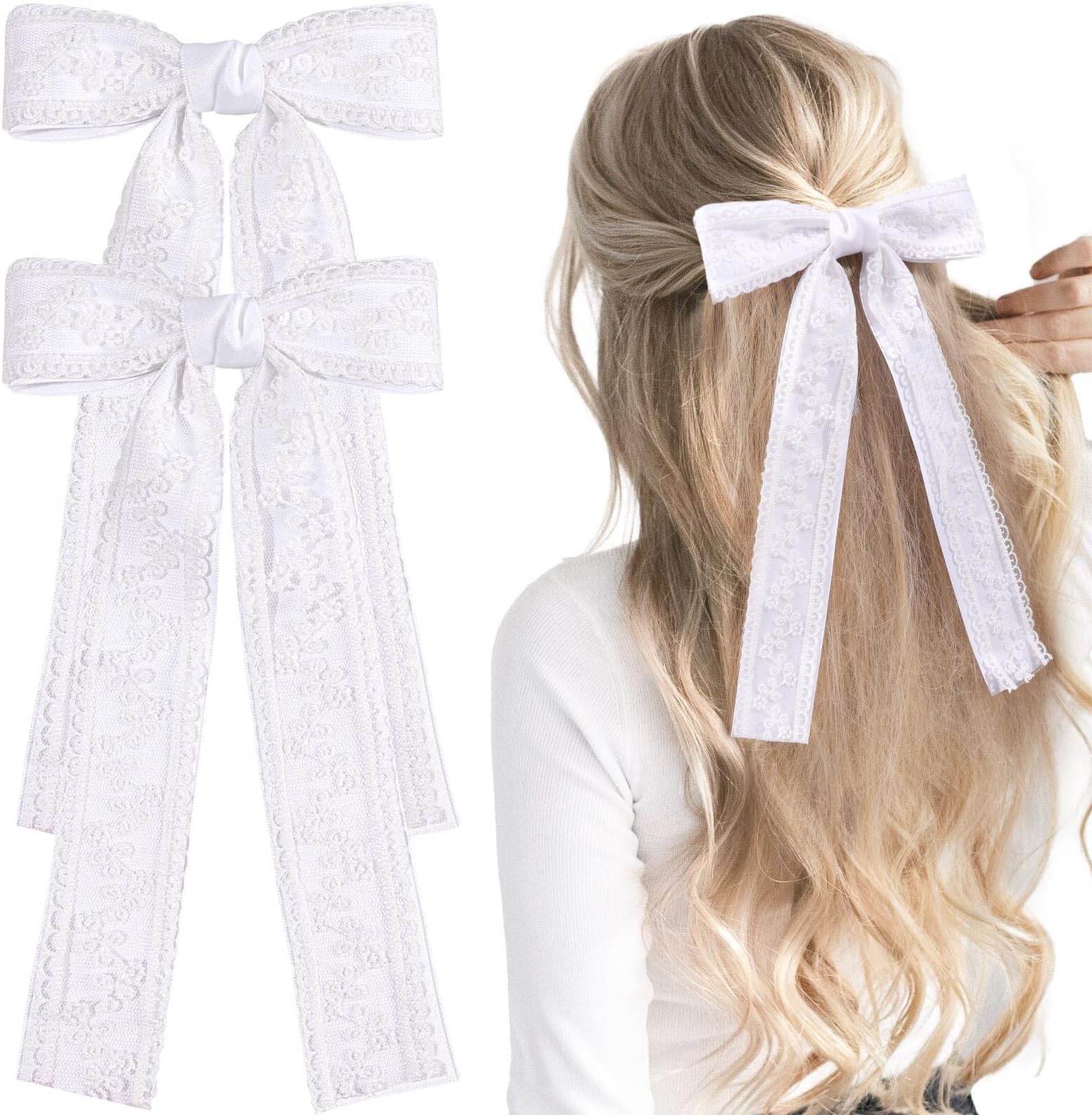 Amazon.com : 6Pcs White Lace Hair Bows Clips for Women Tulle Bowknot ...