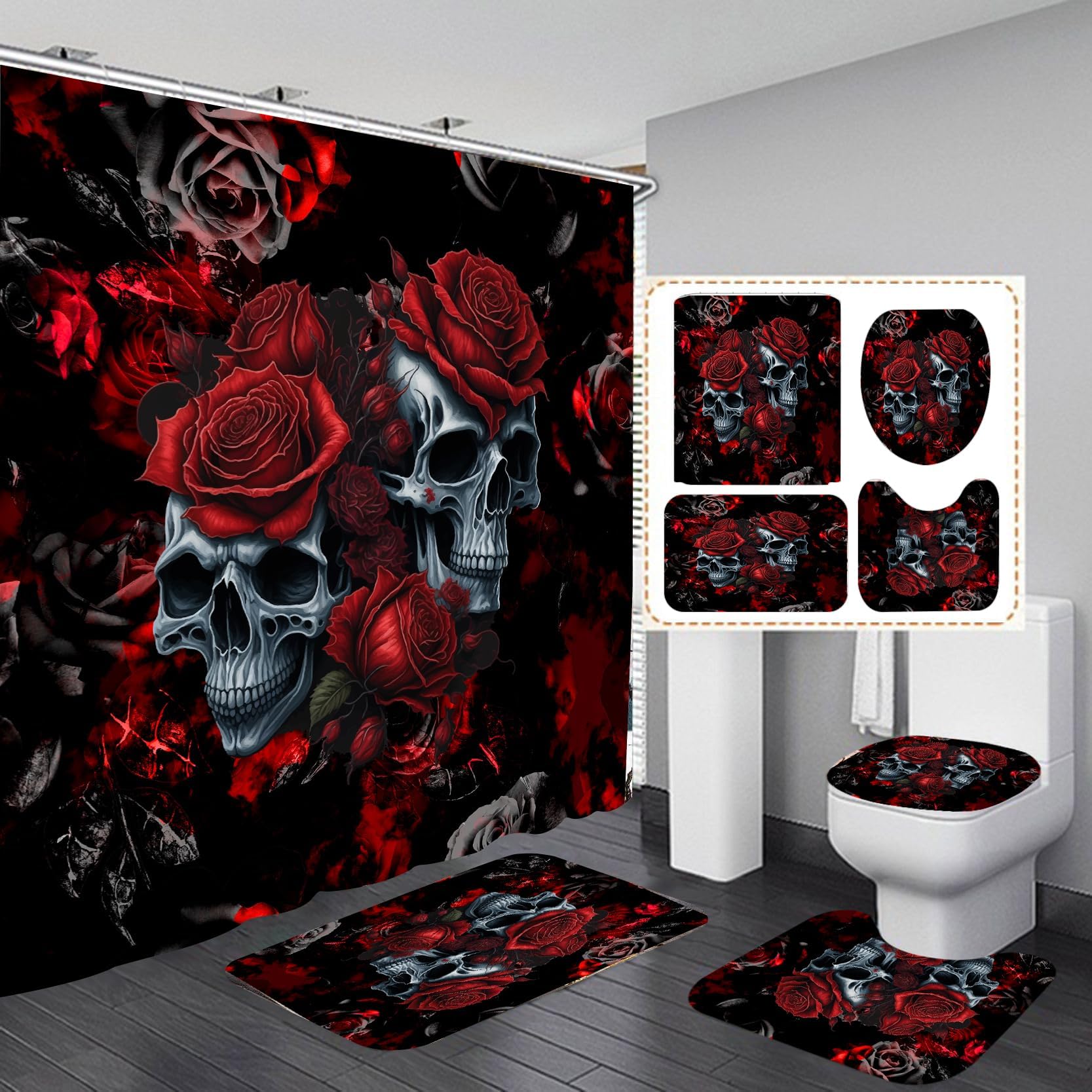 Amazon.com: RinRinfam 4Pcs Skull Shower Curtain Set, Helloween Red Rose ...