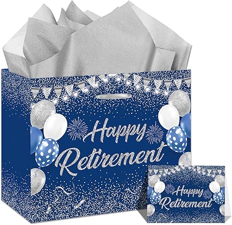 Amazon.com: Blue Silver Retirement Gift Bag with Tissue Paper Set Large ...
