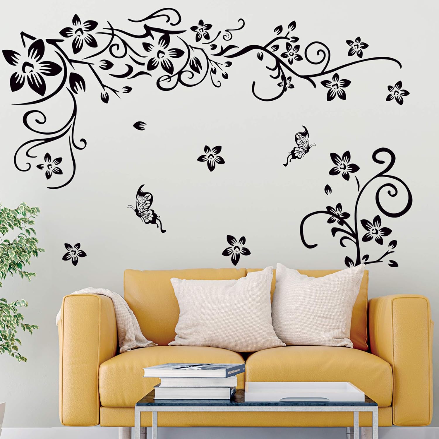 RW-027 Removable Black Vinyl Flower Vines Wall Decal Butterfly Wall ...