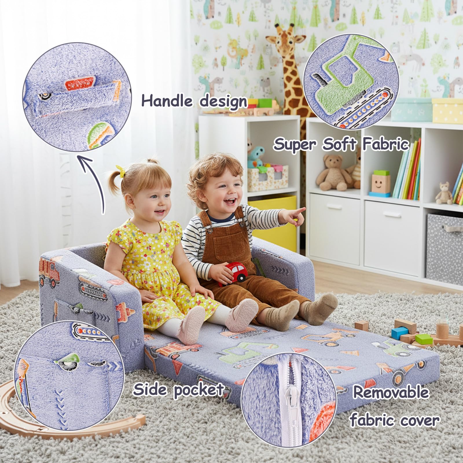 Snapklik.com : Kids Sofa Chair, 2 In 1 Toddler Fold Out Couch, Comfy ...