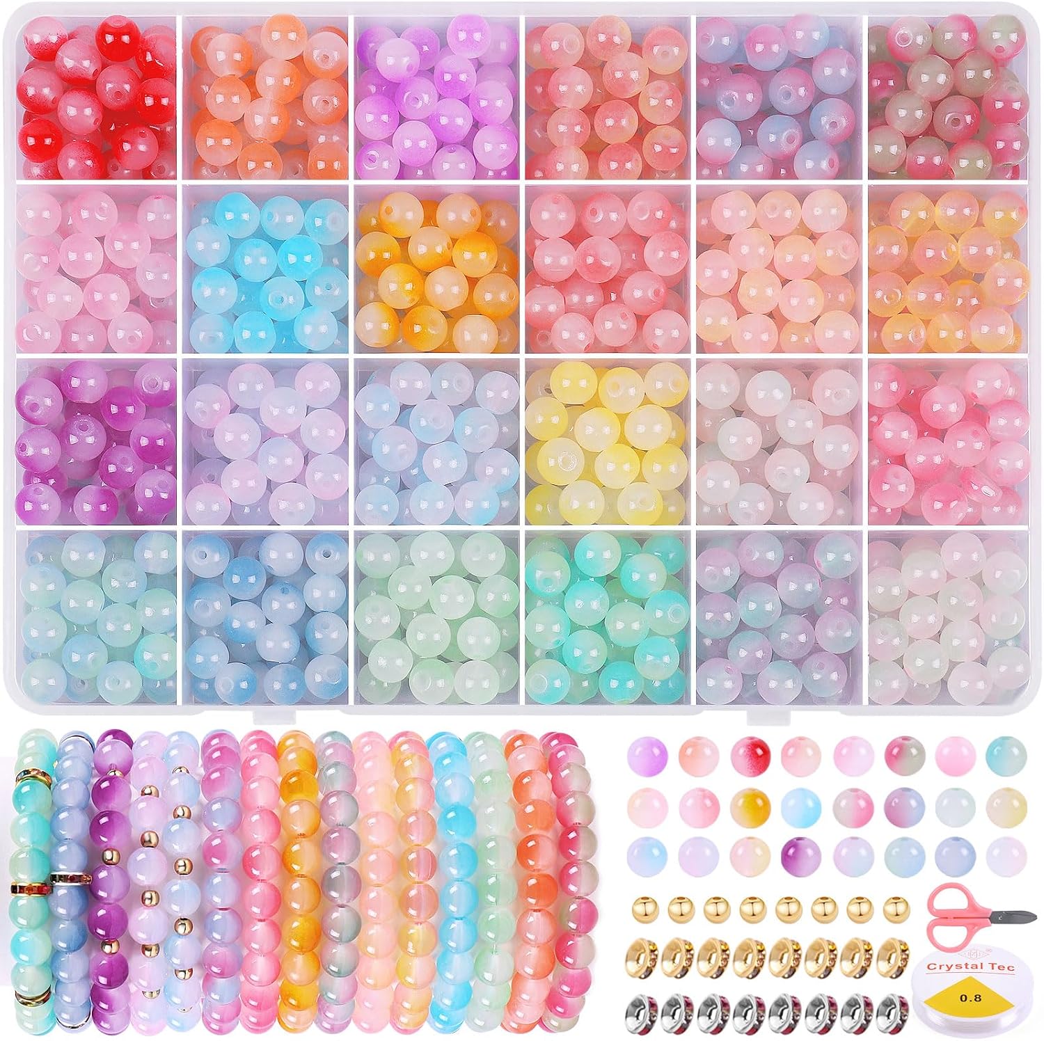 Amazon.com: 700pcs 8mm Glass Beads for Jewelry Making, 24 Colors ...