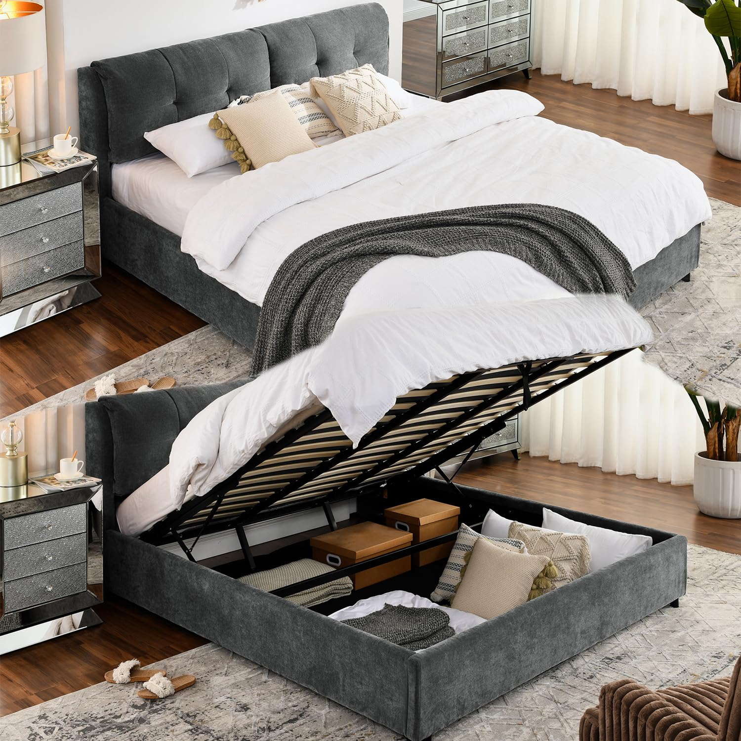 Amazon.com: King Size Modern Lift Up Liftable Bed Frame with Chenille ...