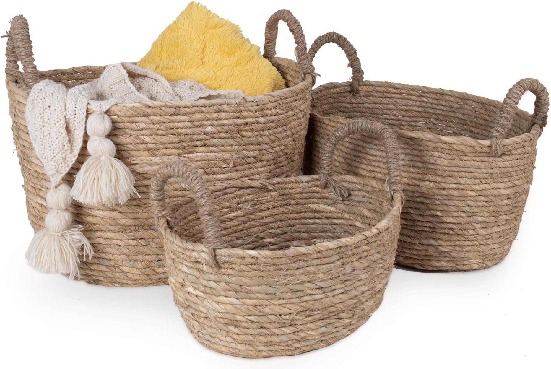 Natural Straw Woven Storage Basket, Home Organisation Hamper Basket with Handles (Large ...