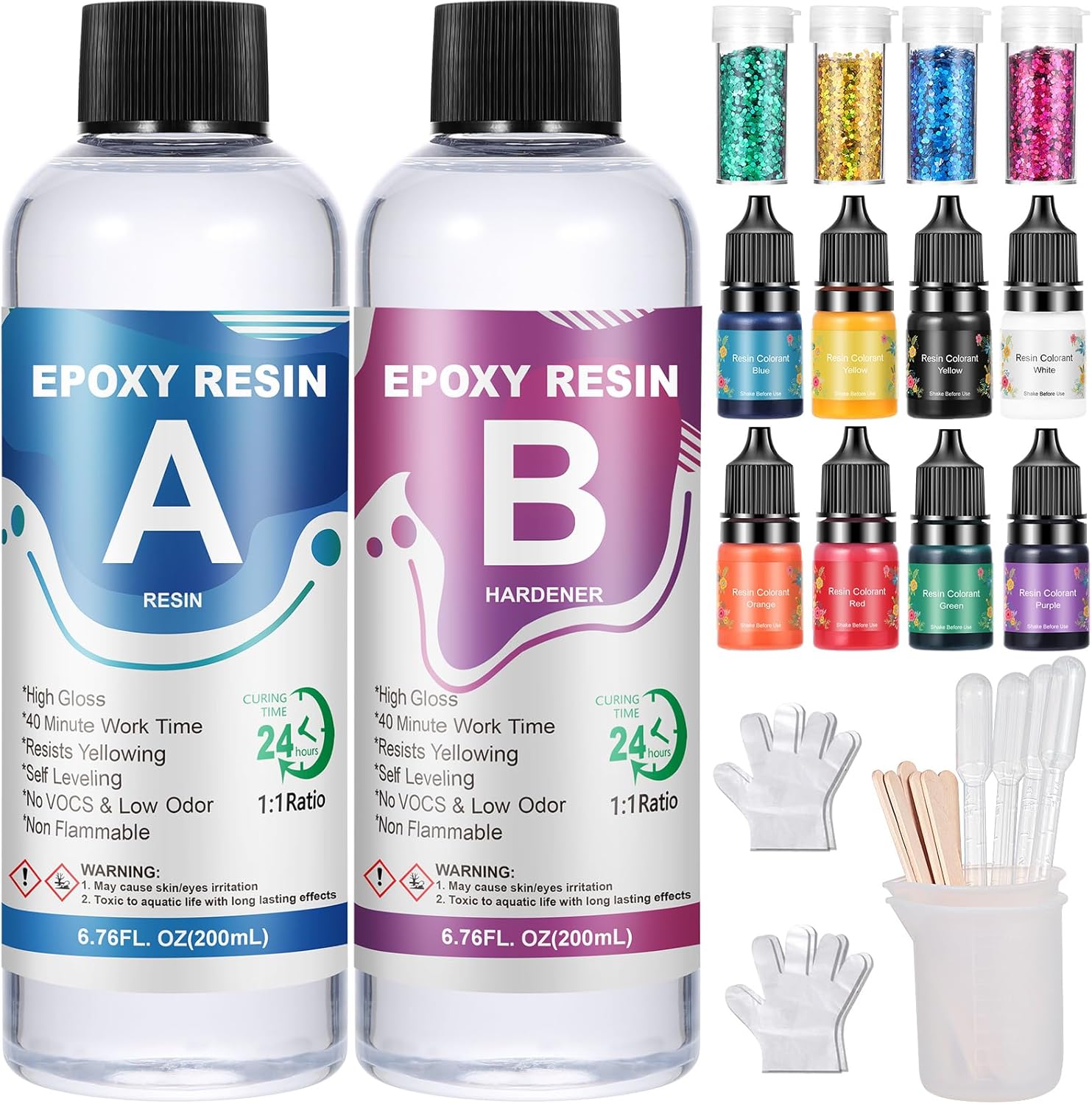 OFCIIN Resine Epoxy Transparente Kit 400ml, Kit Résine Epoxy Avec Colorant, Paillette, 1: 1 ...