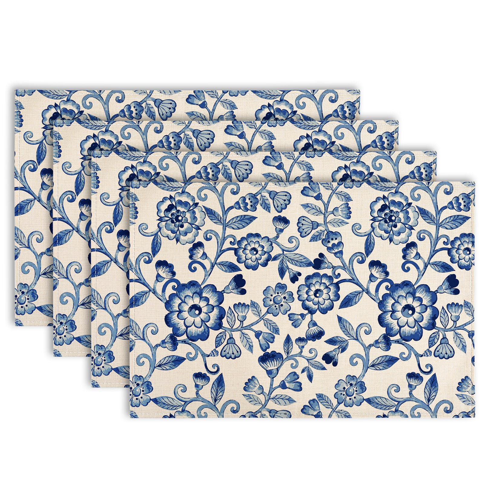 Amazon.com: AnyDesign Blue White Floral Placemat Vintage Flower Table ...