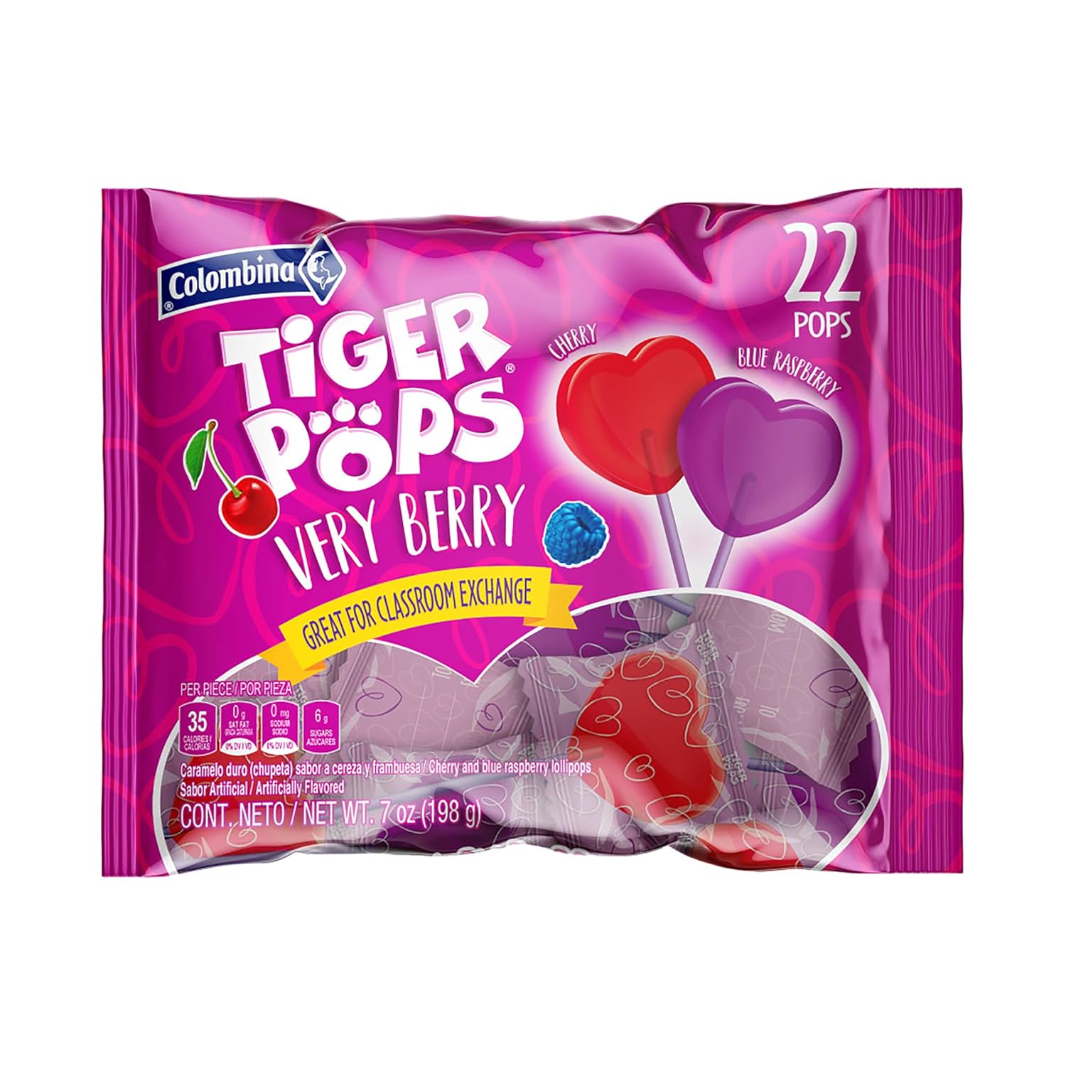 Amazon.com : Colombina Very Berry Tiger Pops Heart Shaped Lollipops ...