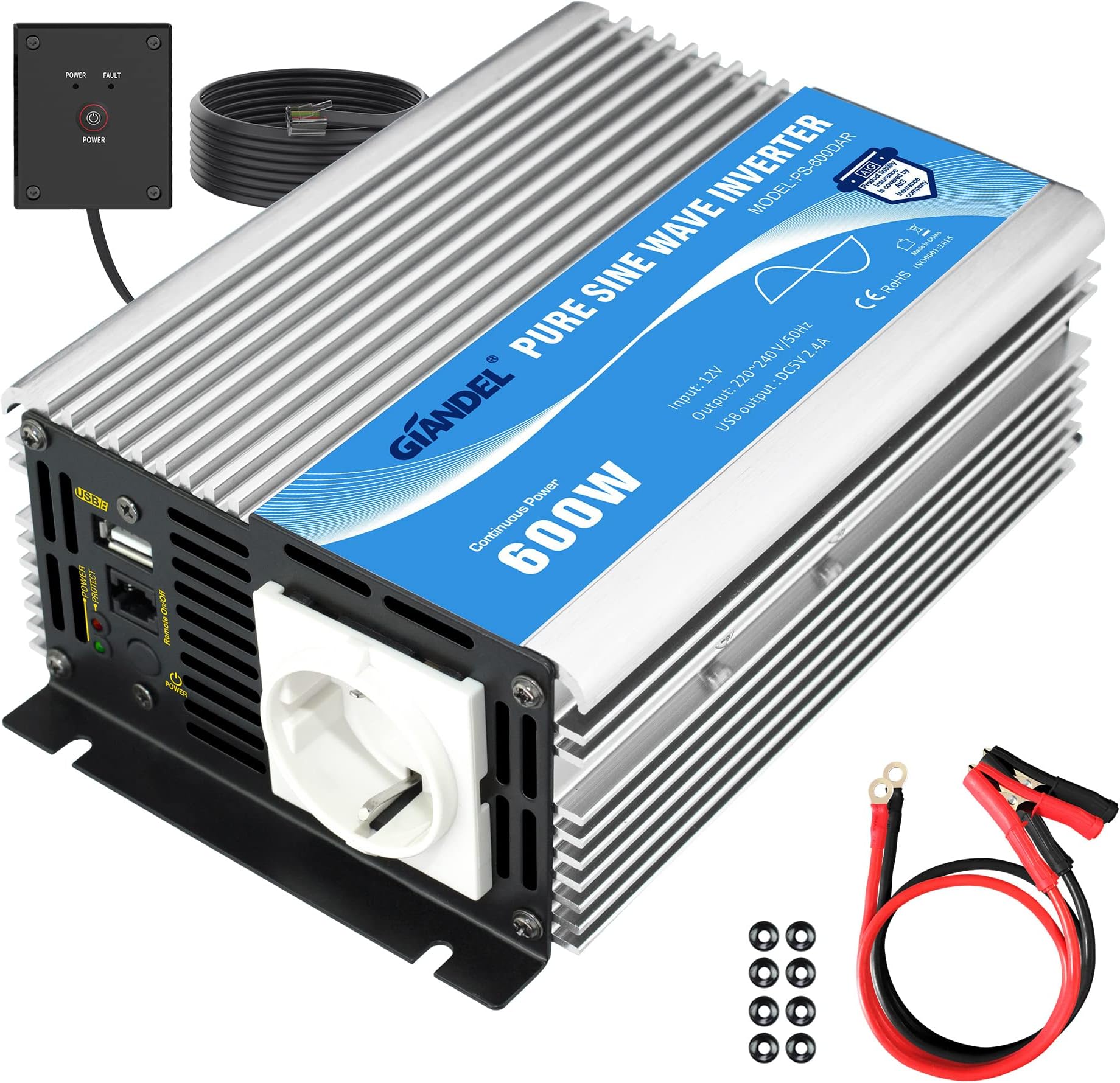 Cantonape Inversor Onda Pura 600W, Inversor de Corriente 12V a 220V con 2 USB Puertos 4,2A y 1 ...