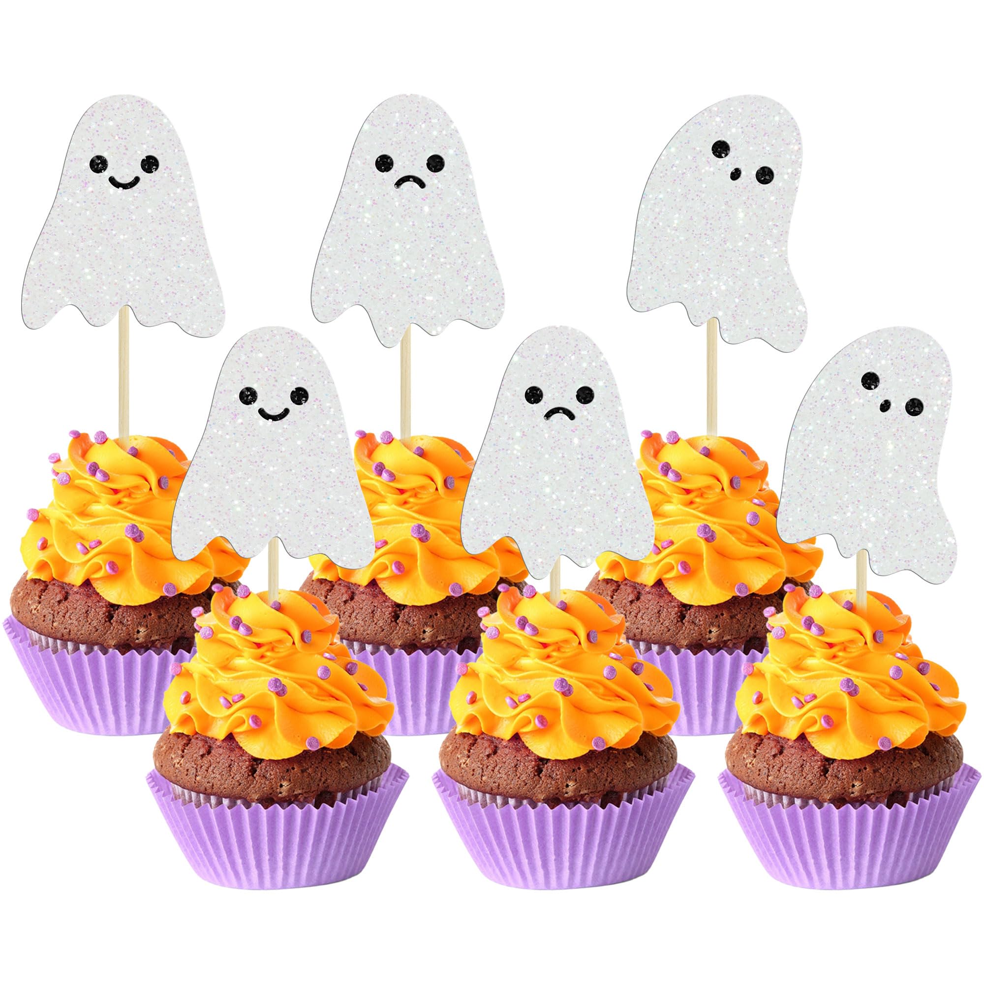 Amazon.com: 24Pcs Ghost Cupcake Toppers White Glitter Halloween Baby ...