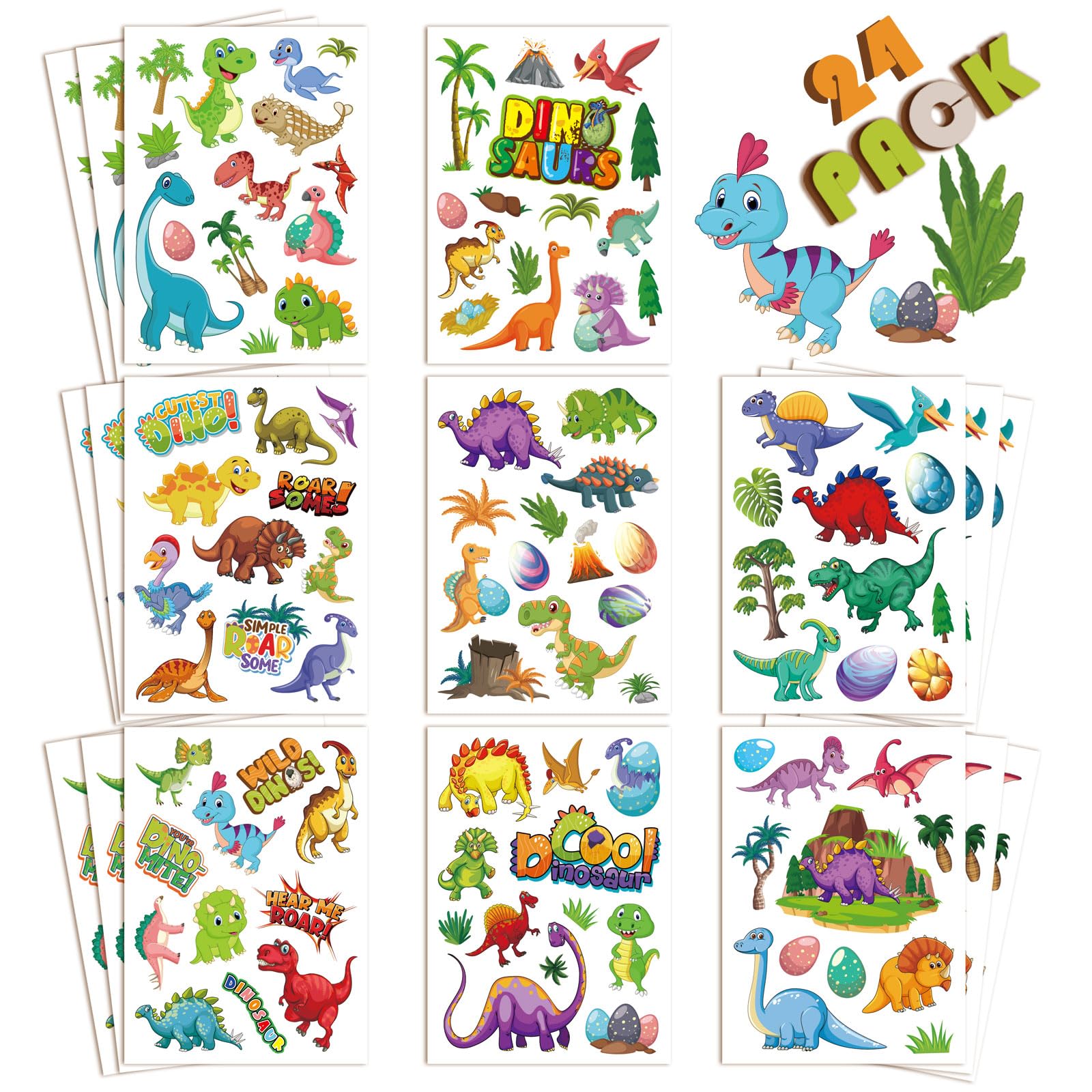 Amazon.com: 24 Sheets Dinosaur Stickers for Kids Non-Repeating Dinosaur ...