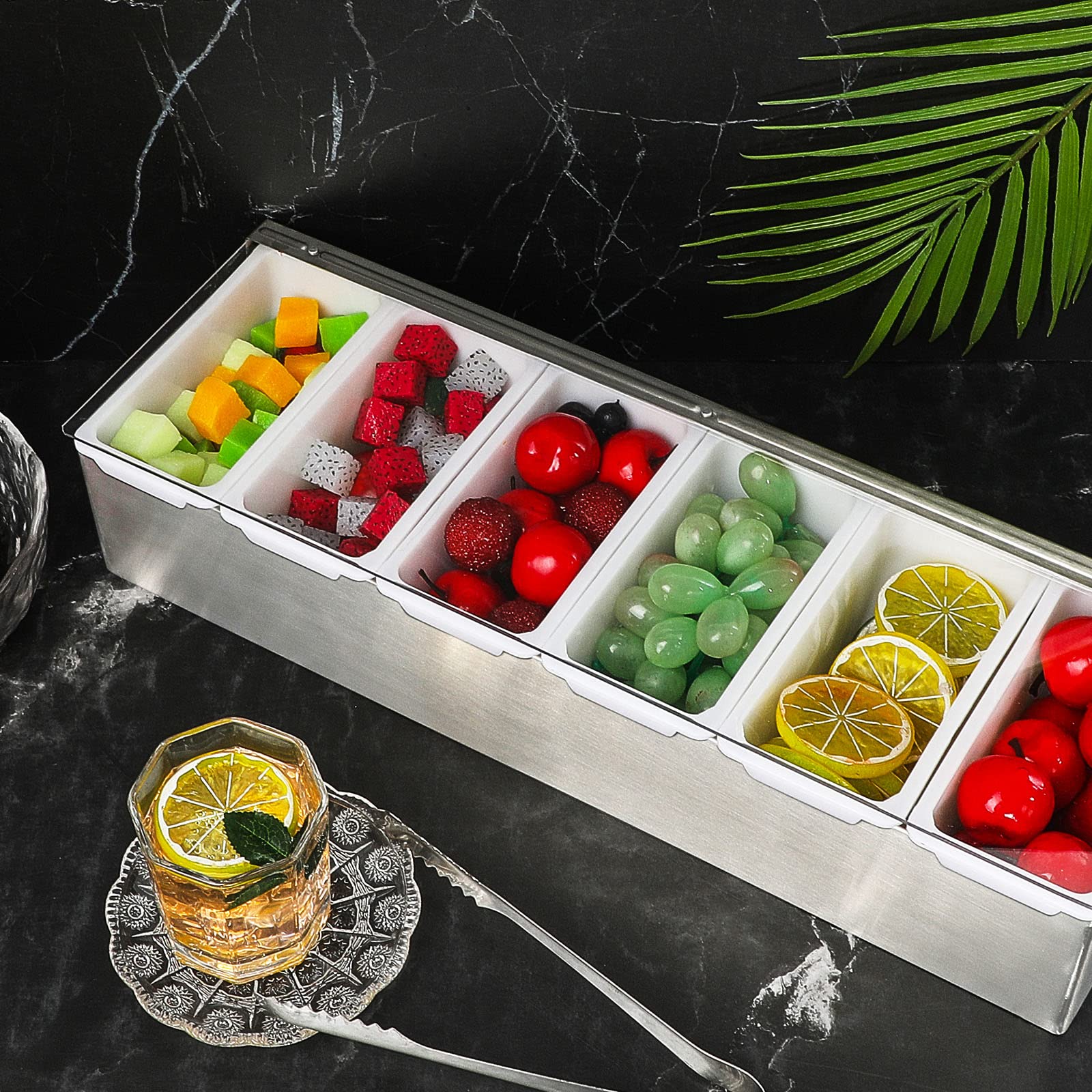 Stainless Steel Condiment Dispenser with 6 Compartments and 6 Pcs Tongs ...