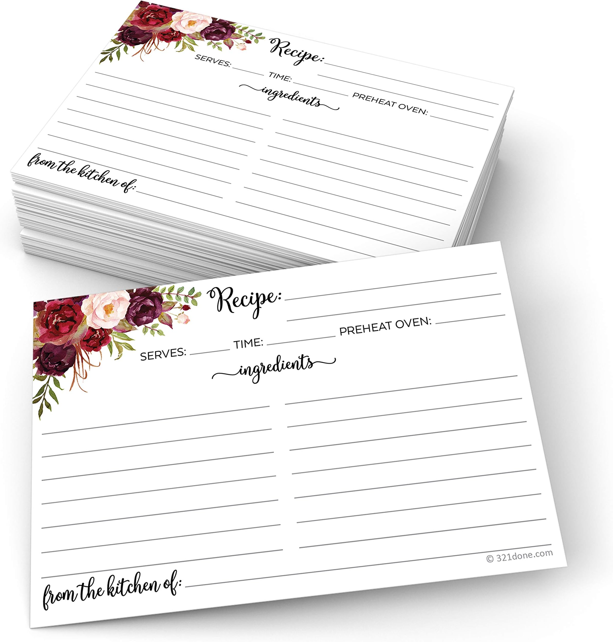 Amazon.com: 321Done Recipe Cards (Set of 50) Floral 4" x 6" - Double ...