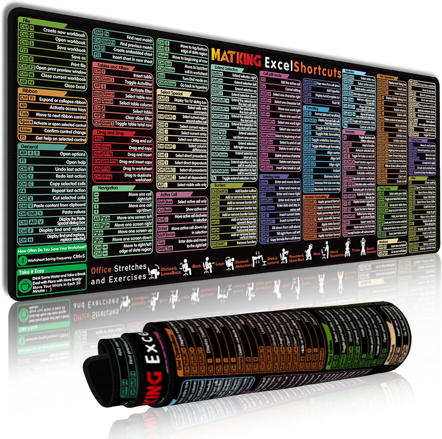 MATKING Excel Shortcuts Mouse Mat Large, XL Gaming Mouse Pad with ...