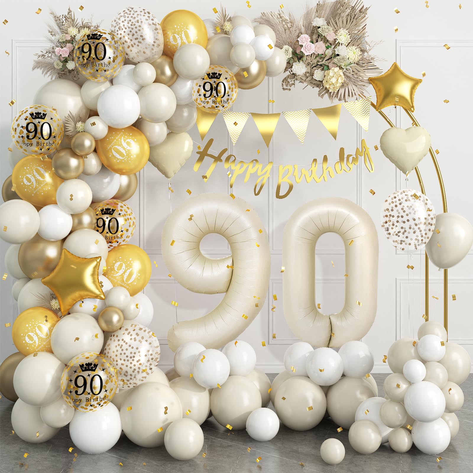 Amazon.com: 90th Birthday Decorations Sand White Gold,90th Birthday ...