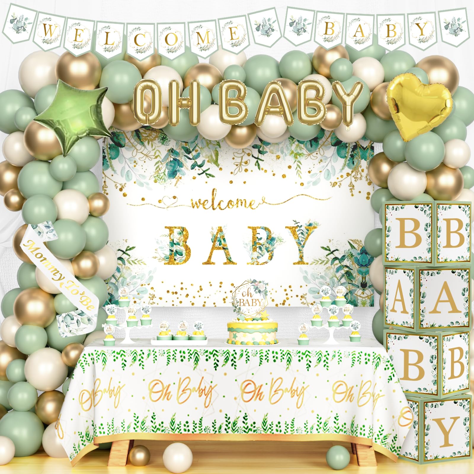 Amazon.com: Hombae Sage Green Baby Shower Decorations, Neutral Greenery ...