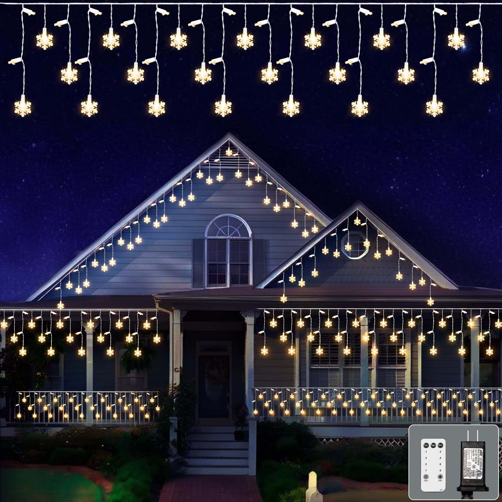 FESTIA LED Icicle Christmas Lights with Snowflake Fairy Curtain Lights ...