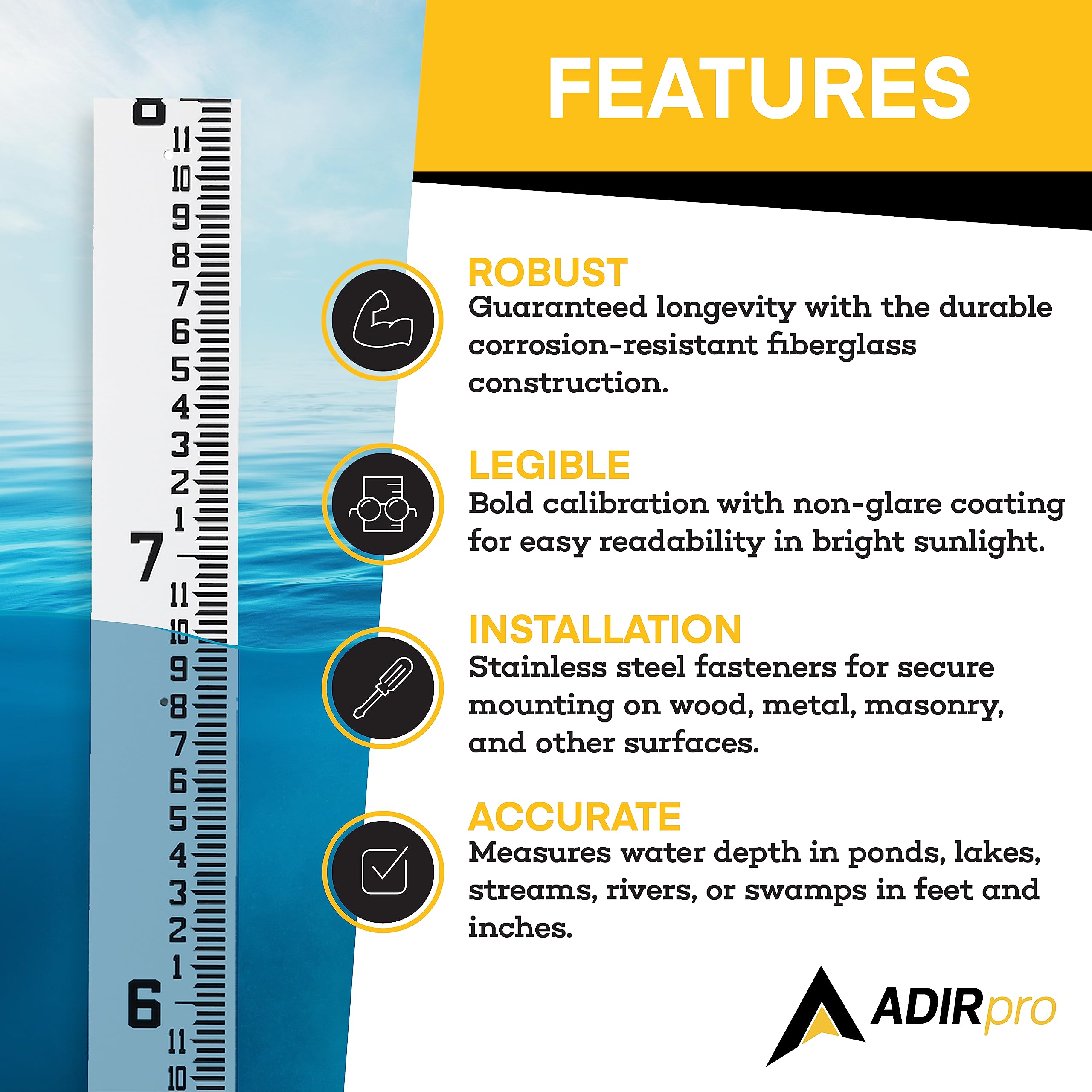 Snapklik.com : AdirPro 4 Wide Stream Gauge - Heavy Duty Staff Gauge - All Weather Gauge - Water ...