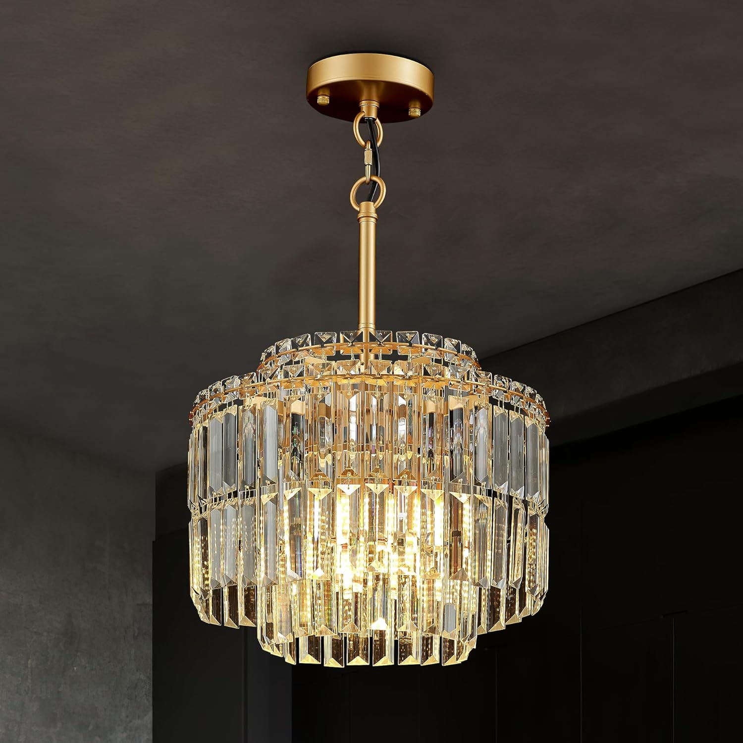 lighceac Modern 12.8“ Gold Crystal Chandelier Ceiling Light Fixtures ...