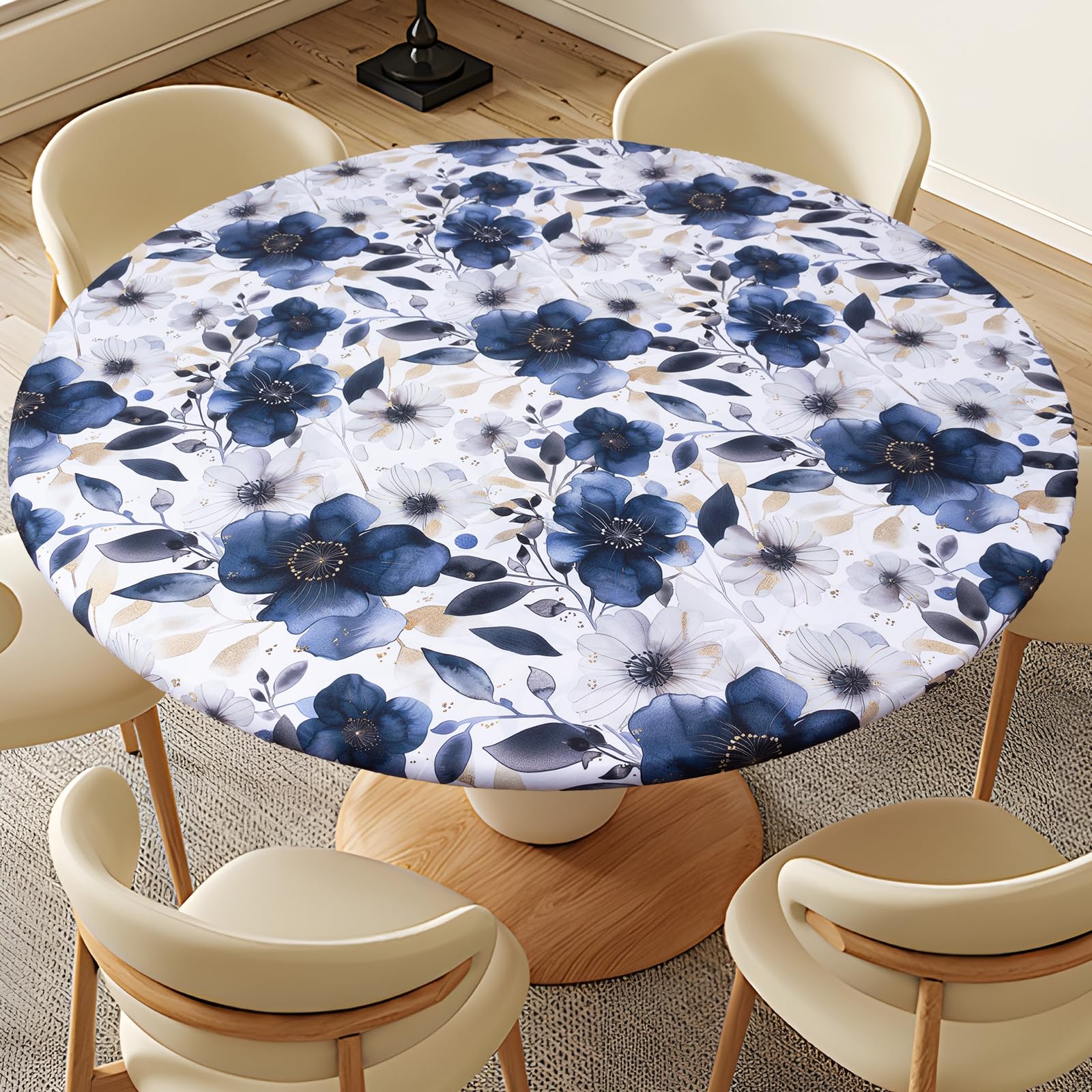 Amazon.com: MATGKYO Blooming Dark Blue Floral Tablecloth Fitted Elastic ...