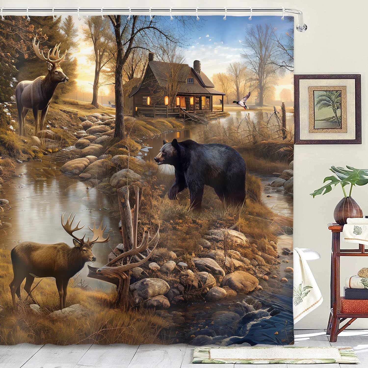 Amazon.com: VeiVian Rustic Farmhouse Shower Curtain, Bear Moose Lodge ...