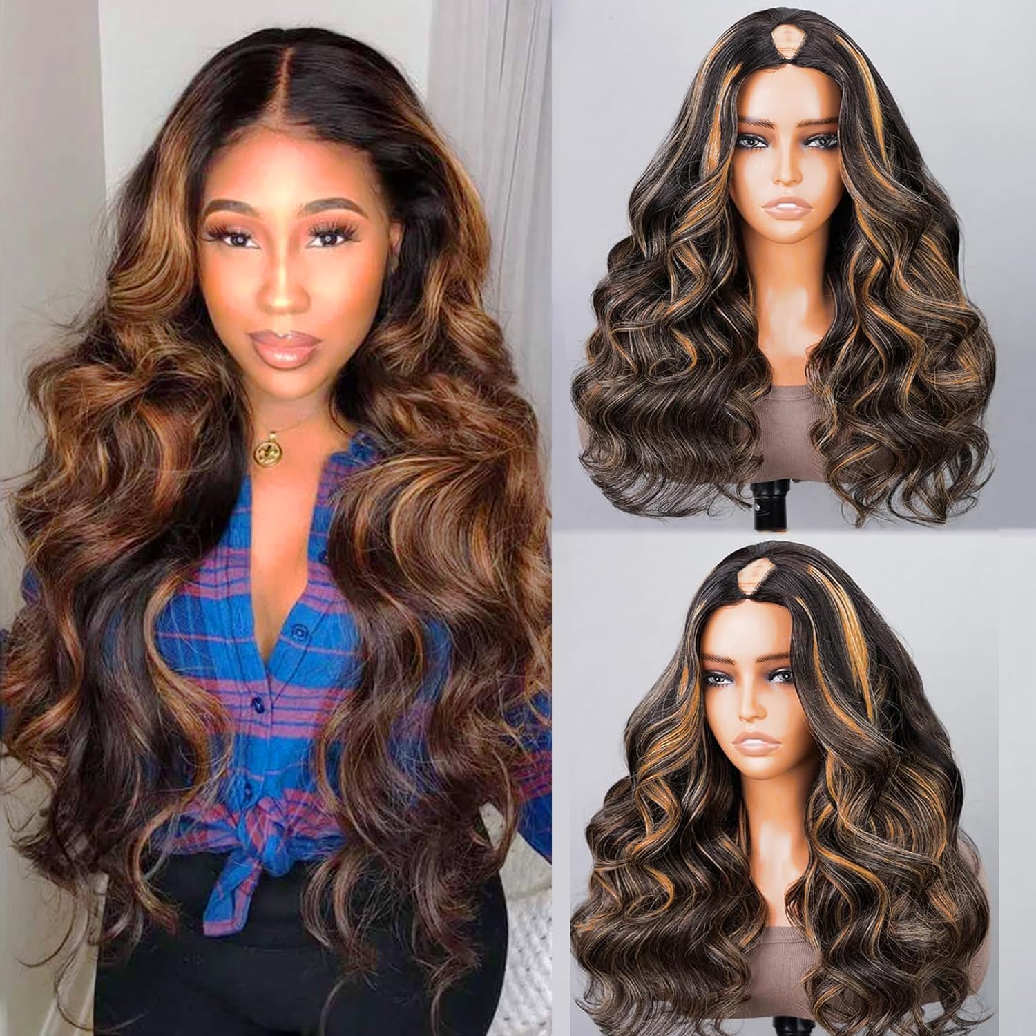 Amazon.com : MEGALOOK V Part Wig Human Hair Body Wave Human Hair ...