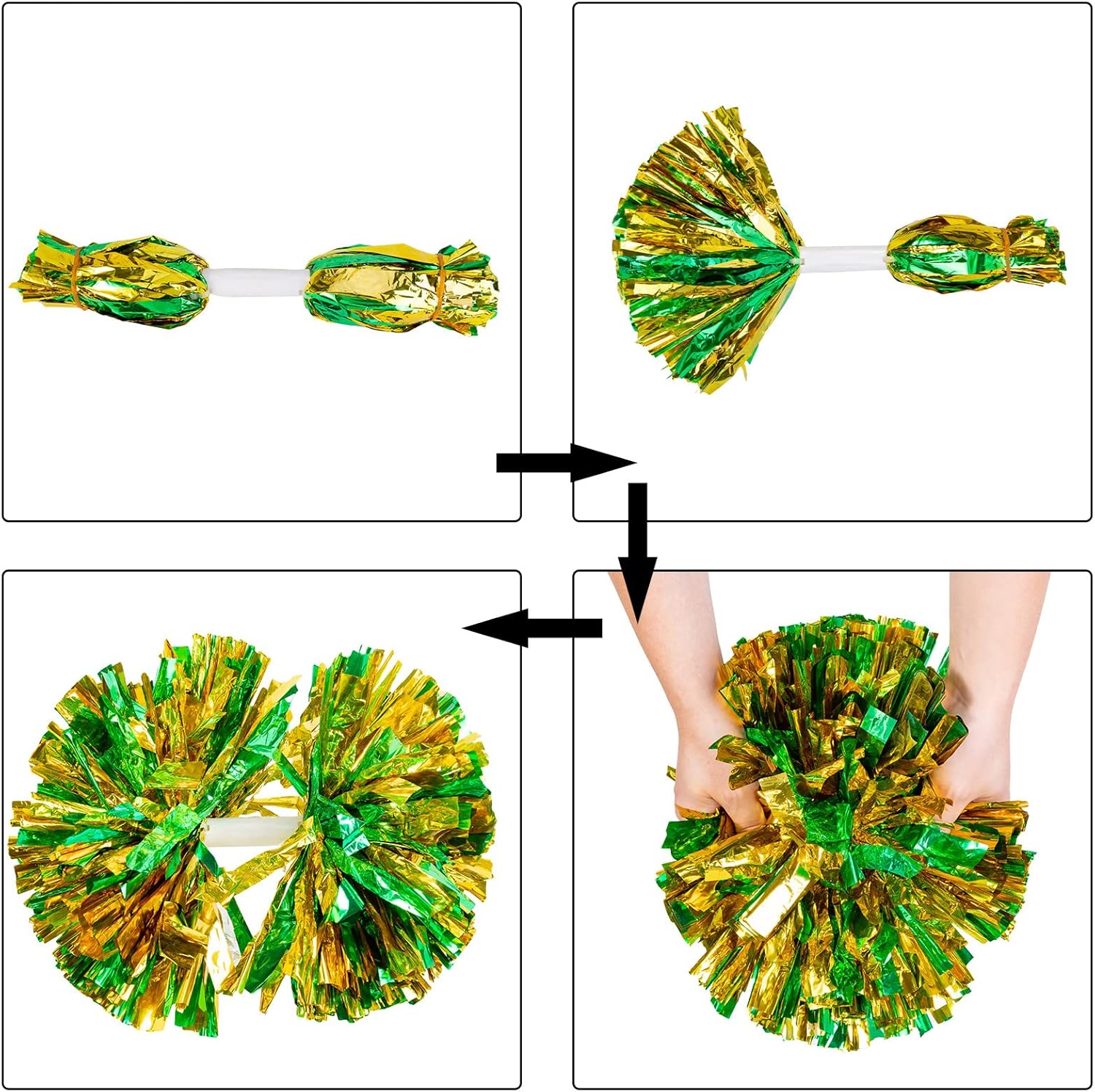 Anntool 2 pompones de animadora con mango de bastón, 13 pulgadas, color verde y dorado, de ...