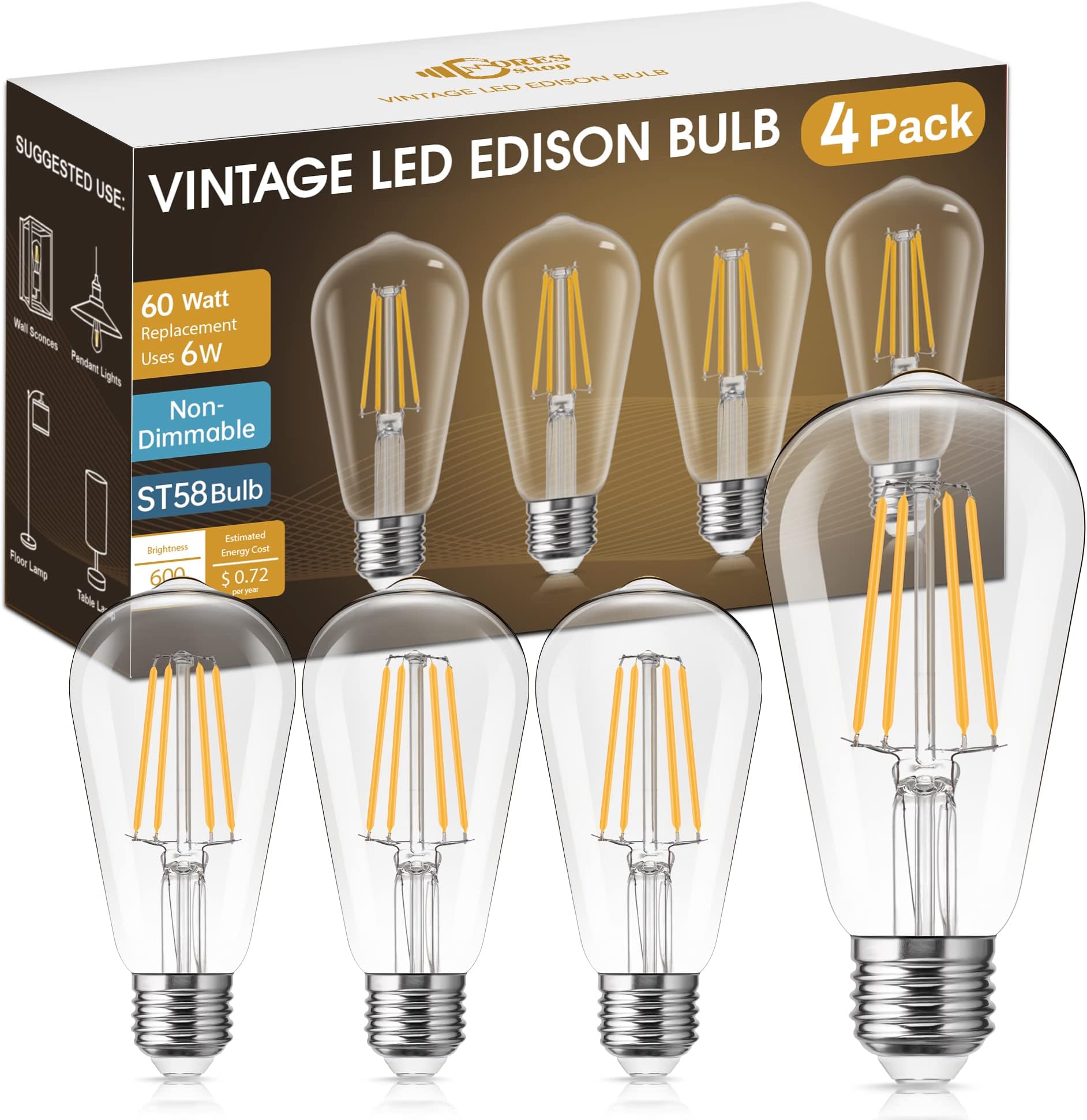 LED Vintage Bulb, B-LST45-4, E26 Socket, 4W ST45 Shape, 2200K, 320 ...