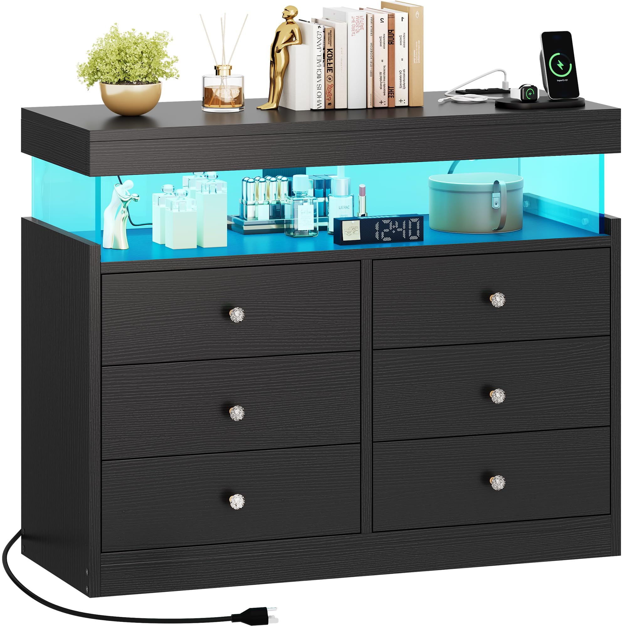 YITAHOME 6 Drawer Dressers with LED Lights, Wood Dresser with Charging ...