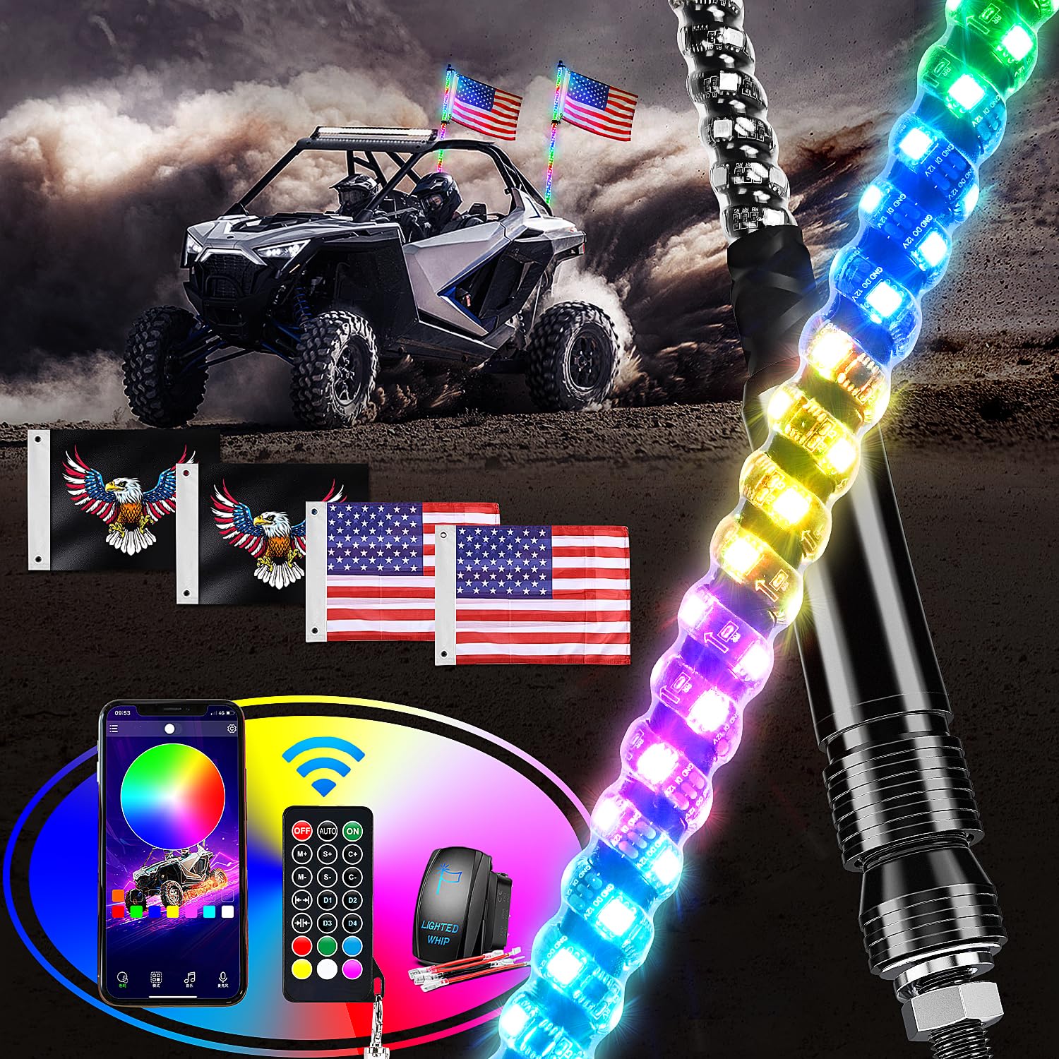 Amazon.com: GOOACC 2PCS 3FT LED Whip Light Spiral RGB Chasing Lighted ...