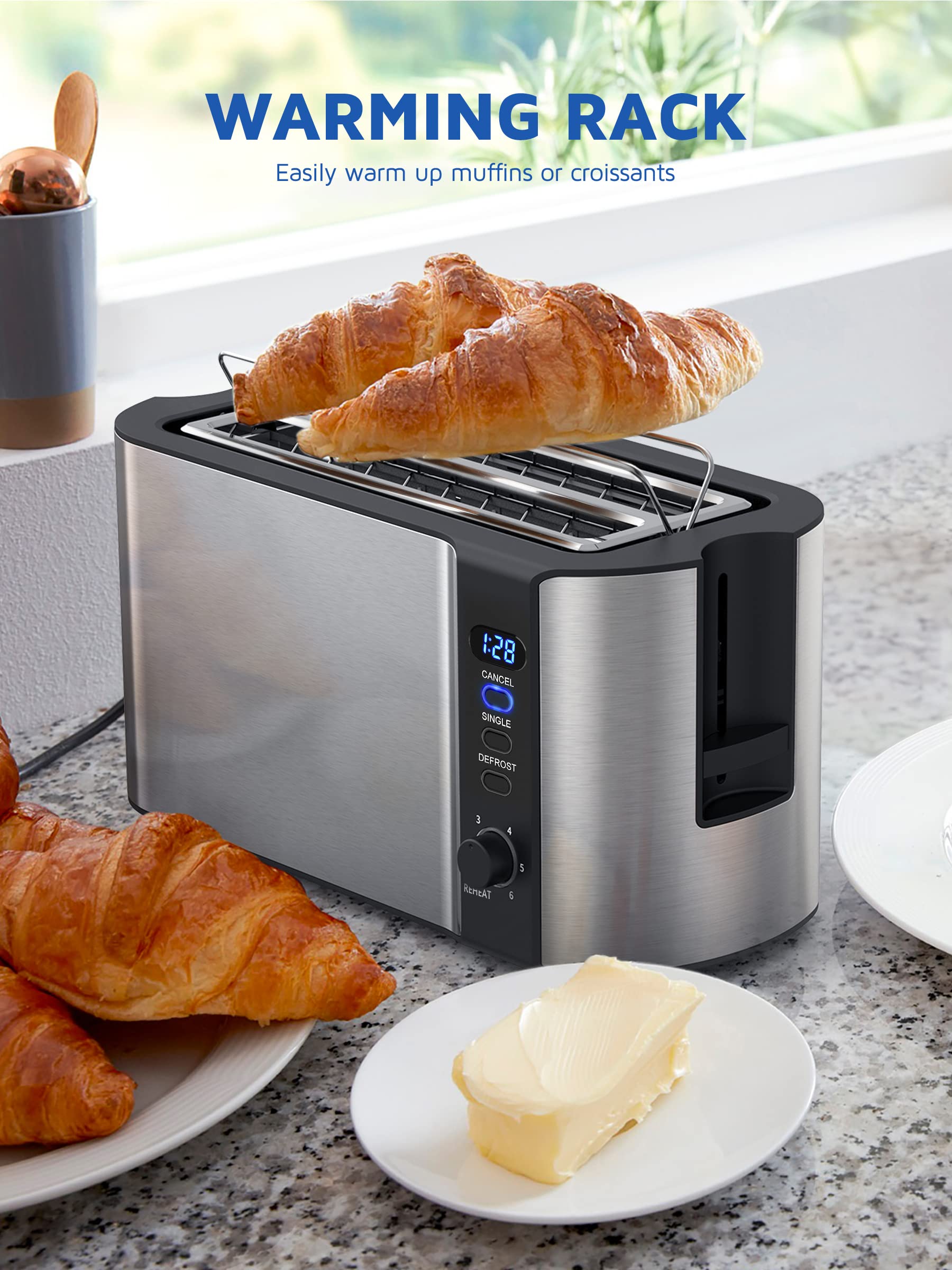 DyBaxa Stainless Steel Toaster 4 Slice Smart LED, Toaster 2 Slice Long ...