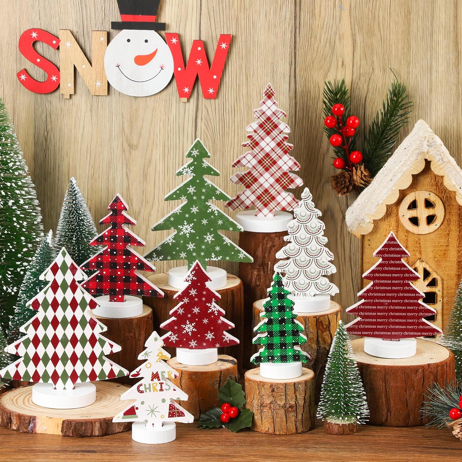 Amazon.com: Huwena 9 Pcs Wooden Christmas Tree Tabletop Decoration 3 ...