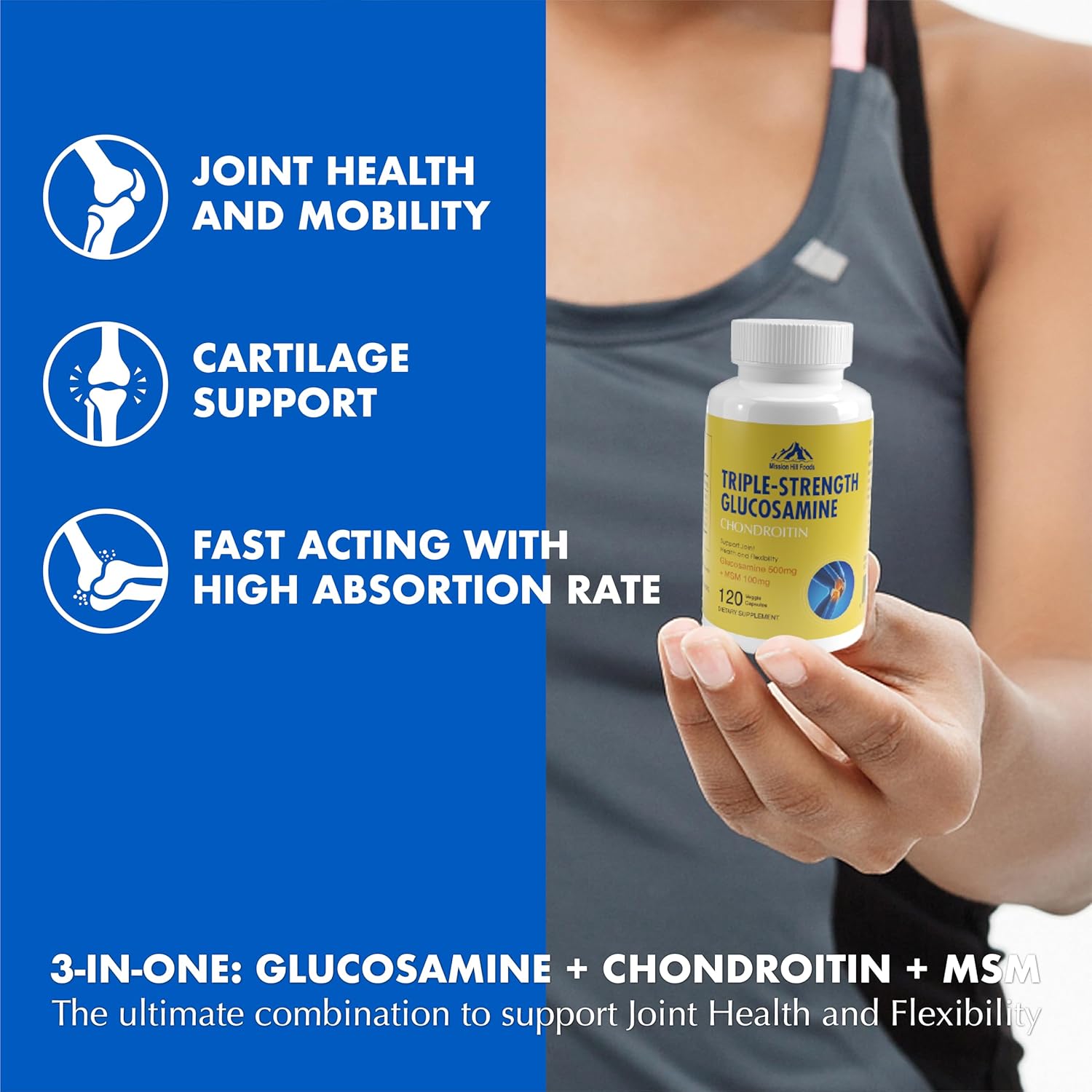 Mission Hill Foods Glucosamina + condroitina + MSM 3 en uno cápsula – 120 unidades – Salud y ...