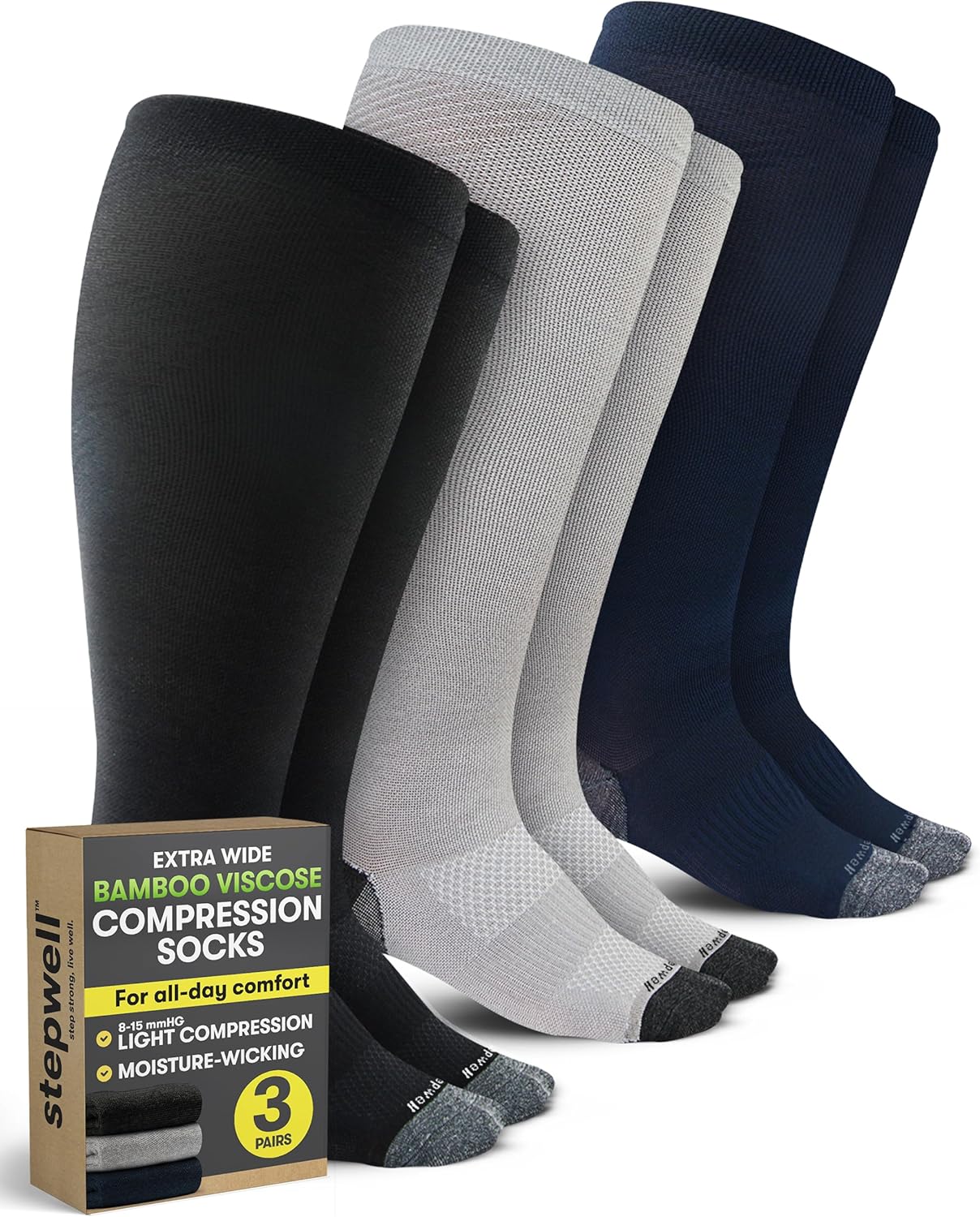 Amazon.com: STEPWELL Compression Socks for Women Plus Size Black Gray ...