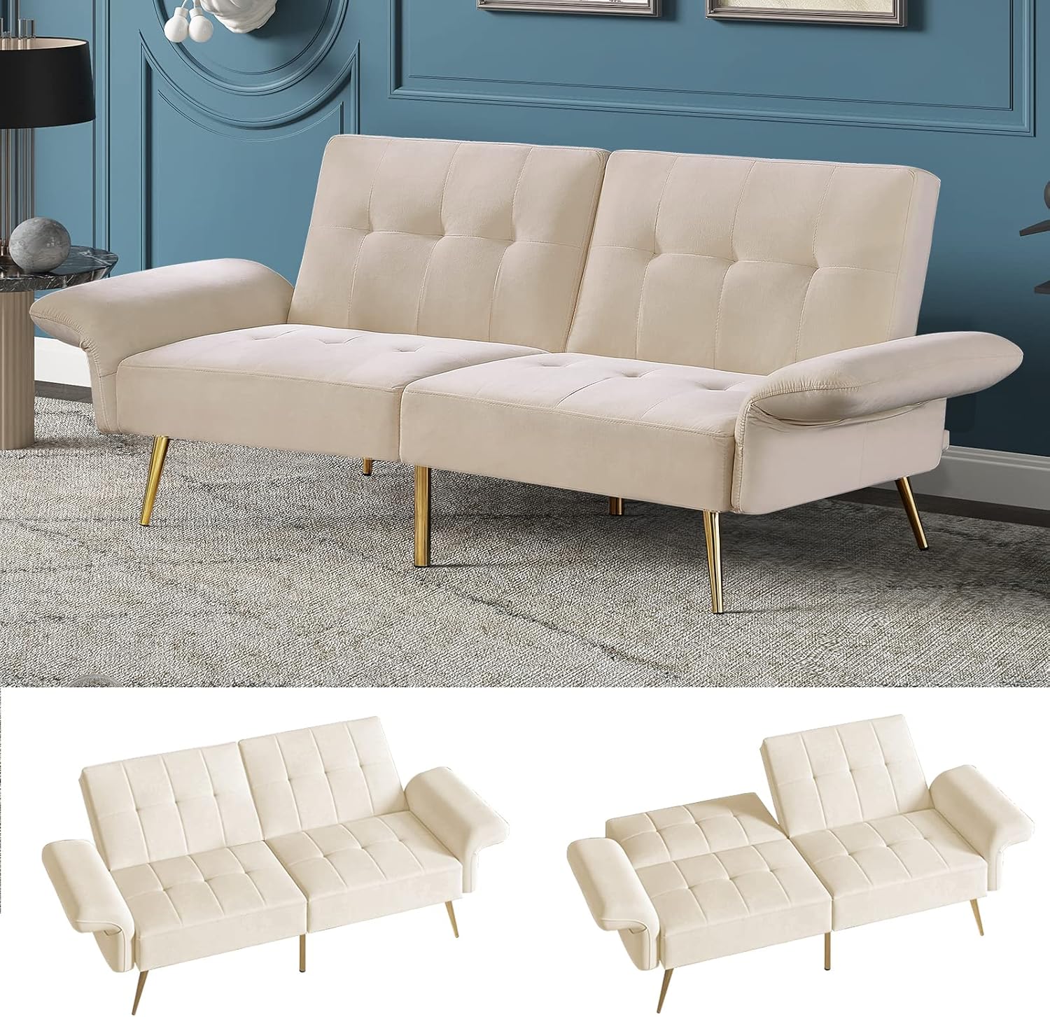 Amazon.com: GEEVIVO 78” Velvet Futon Sofa Bed w/Adjustable Armrests ...