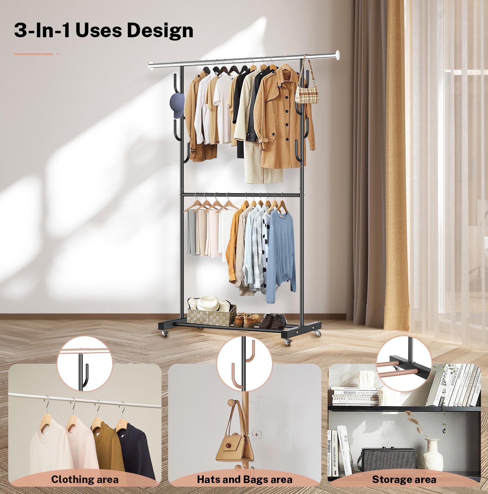VICERII Clothes Rack, Double Rod Clothing Rack with Extra Height, 51.97 ...