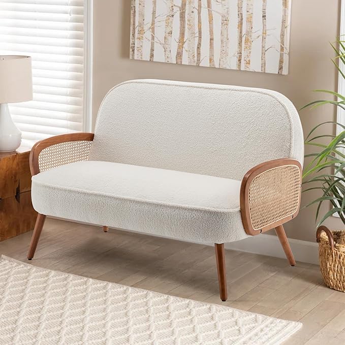 Amazon.com: Aklaus 45" W Small Loveseat with Natural Rattan Arms ...