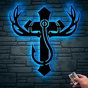 Amazon.com: Metal Deer Antler Cross with Fishing Hook Sign and LED ...
