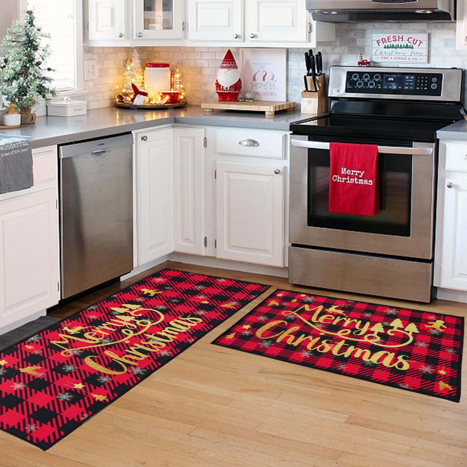 Amazon.com: Christmas Kitchen Rug Sets and A Set of 2 Merry Christmas ...
