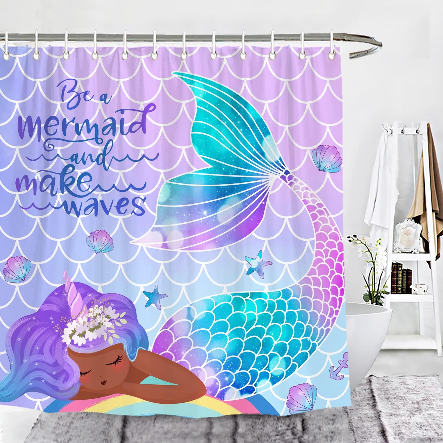 Amazon.com: ZXMBF Mermaid Shower Curtain Black Girls Cute Cartoon ...