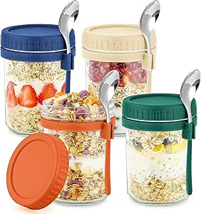 Amazon.com: DRKIO 4 Pack Glass Overnight Oats Containers with Lids and Spoons 16 Oz Mason Jars ...