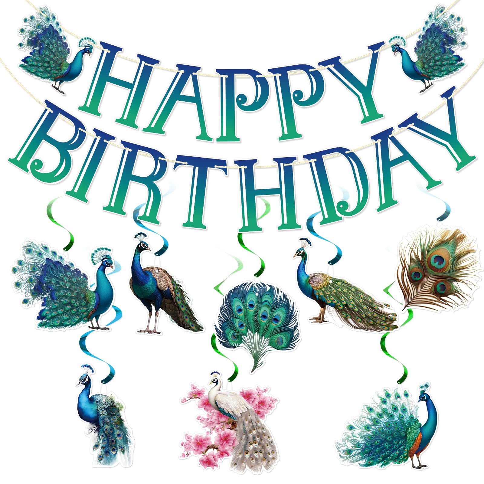 Amazon.com: Peacock Birthday Banner, Peacock Hanging Swirls, Zoo Animal ...