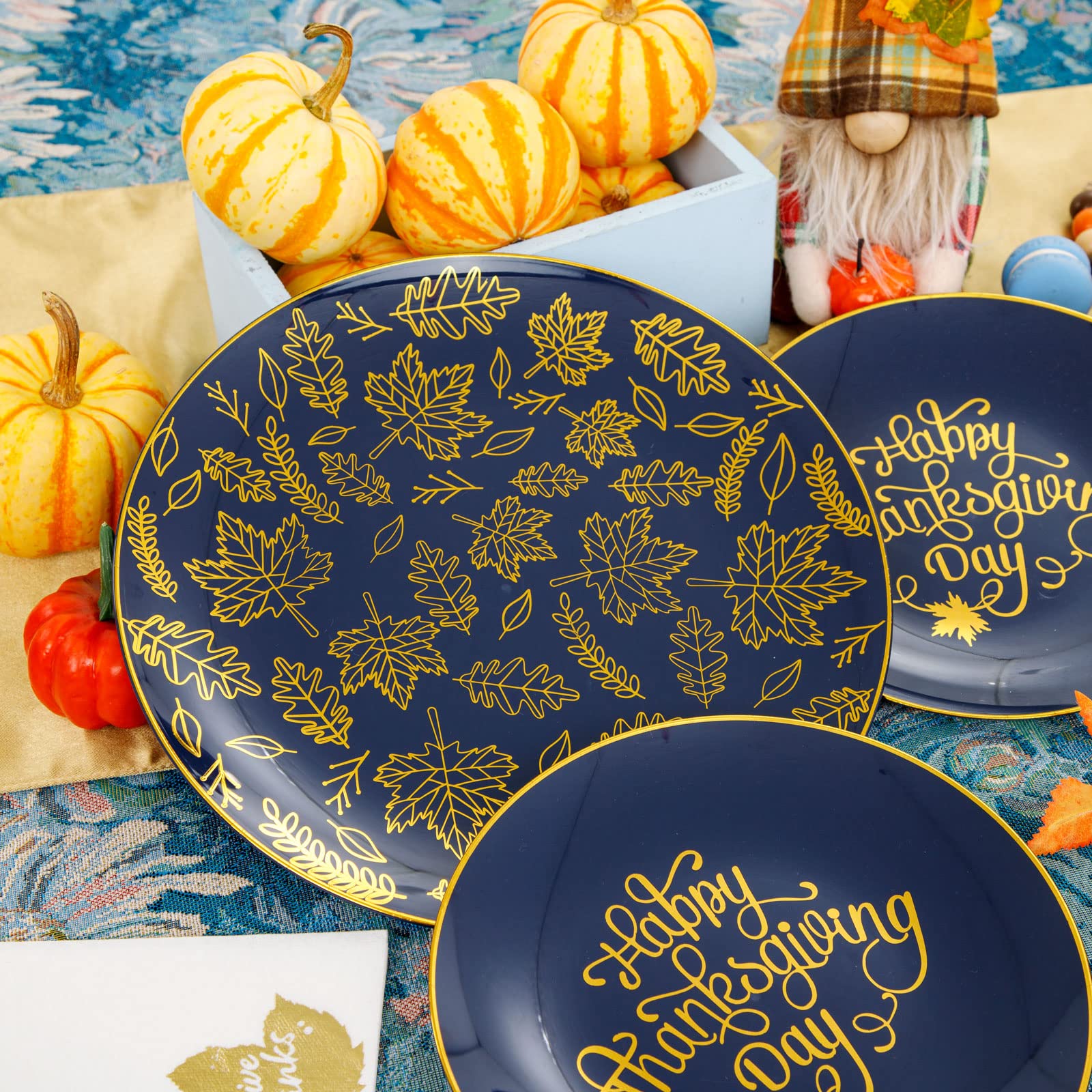 Morejoy 175PCS Thanksgiving Plastic Plates, Blue Gold Thanksgiving ...